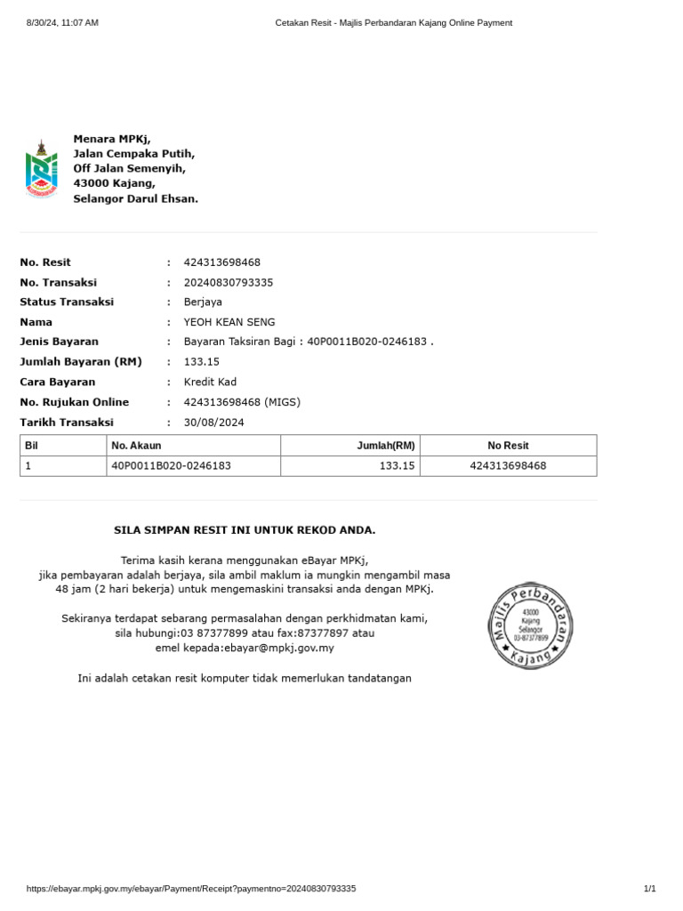 Cetakan Resit - Majlis Perbandaran Kajang Online Payment | PDF
