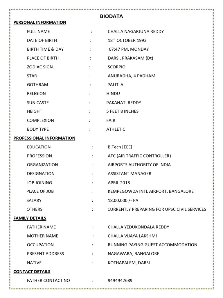 Nagarjuna Reddy Biodata-1 | PDF