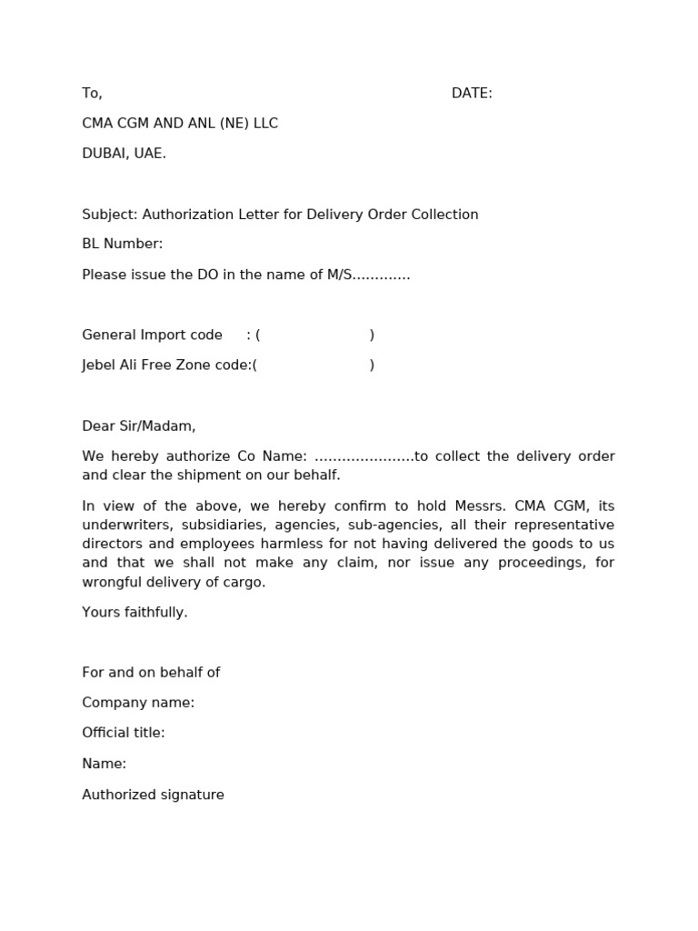 Authorization Letter for Delivery Order | PDF