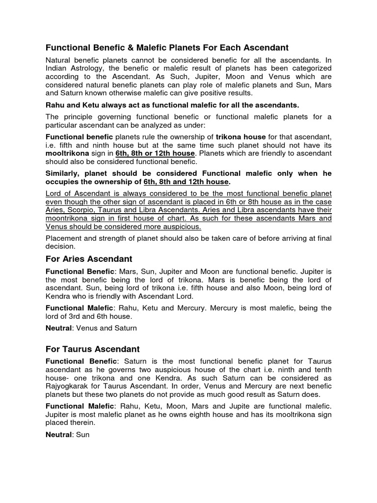 Functional Benefic and Malefic Planets For Each Ascendant | PDF ...