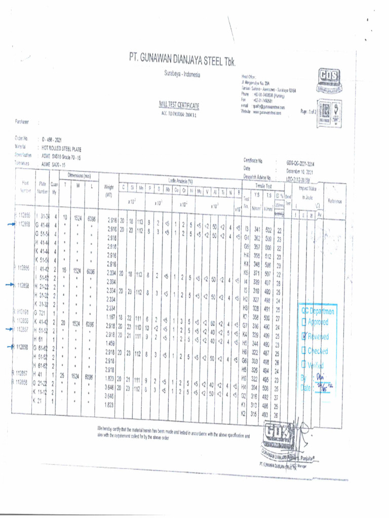 Material Traceability Report Ke-1 - K22019 | PDF