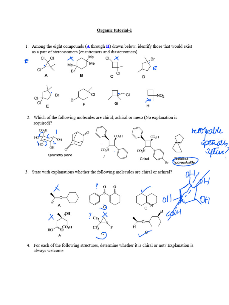 Tutorial 1 Stereochemistry | PDF | Chirality (Chemistry) | Space