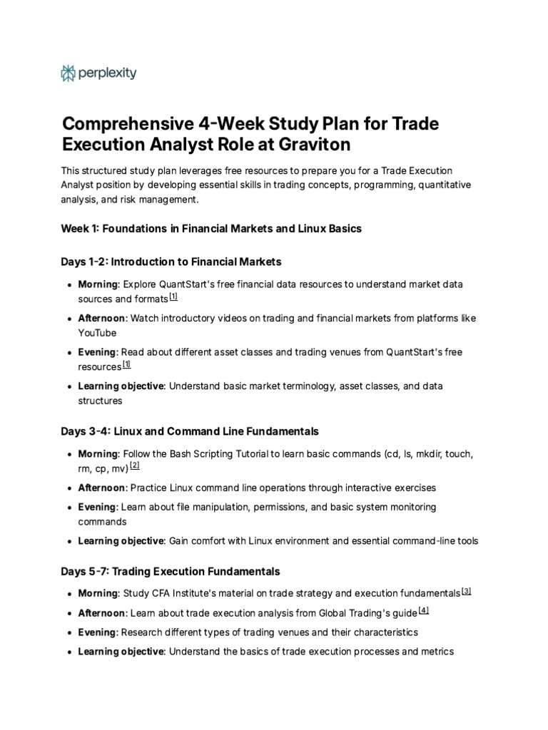 Comprehensive 4-Week Study Plan For Trade Executio | PDF | Learning | Quantitative Research