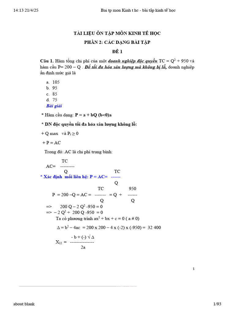 Bai tp mon Kinh t hc - bài tập kinh tế học | PDF