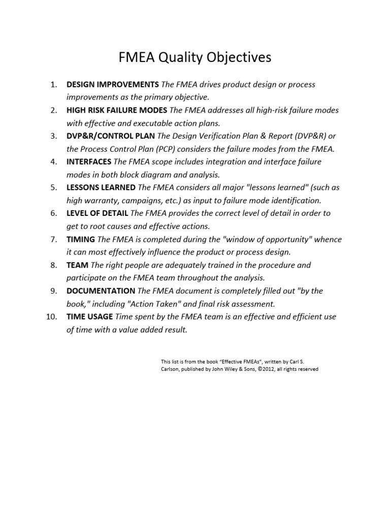 FMEA Quality Objectives | PDF