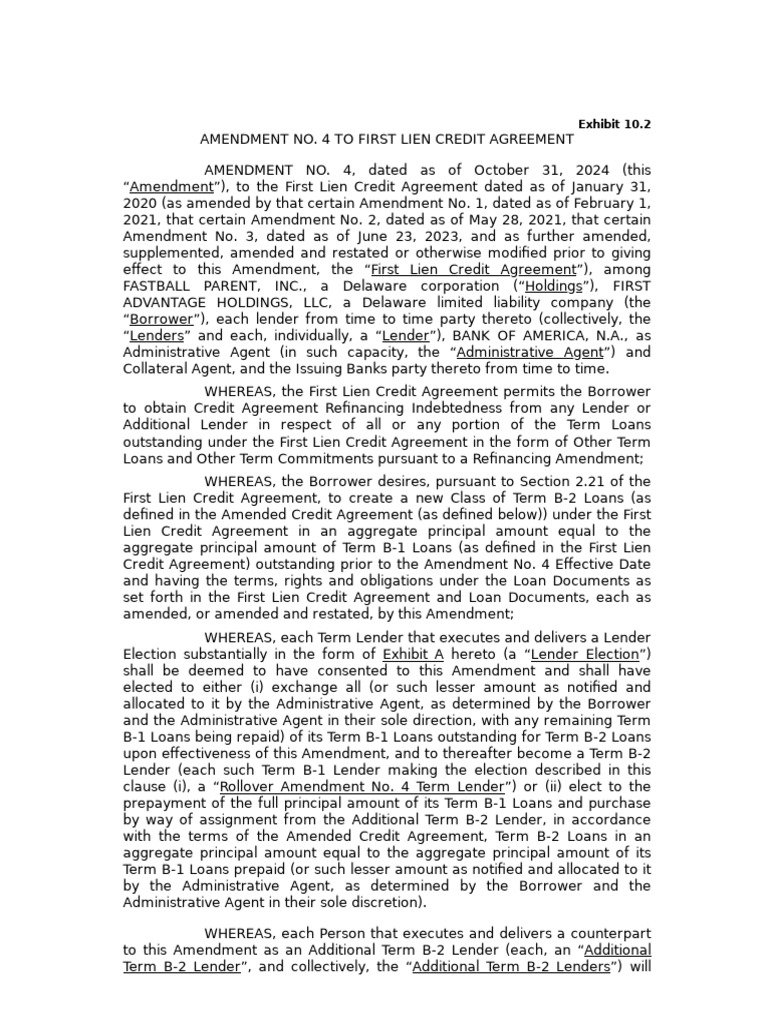 Amendment 4 to First Lien Credit Agreement | PDF | Loans | Debt
