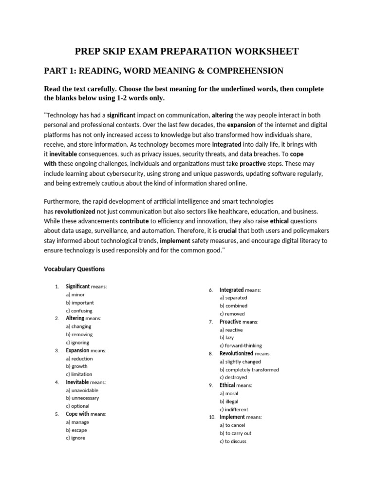 Prep Skip Exam Preparation Worksheet 1 | PDF | Cost Of Living ...