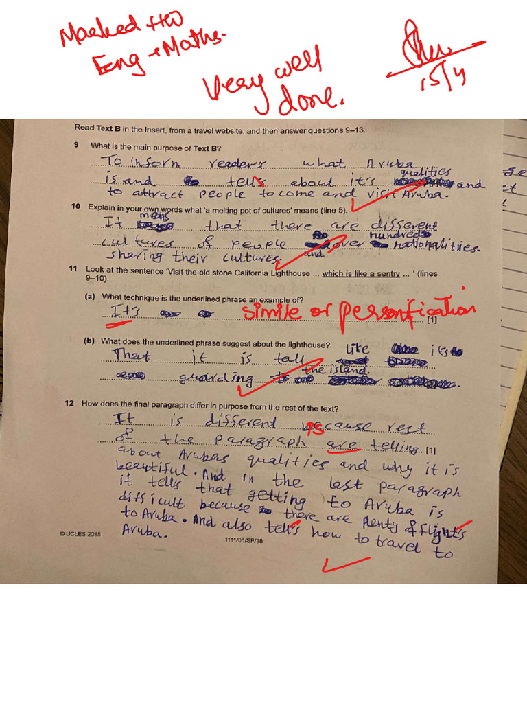 Maths and English Homeworks Marked | PDF