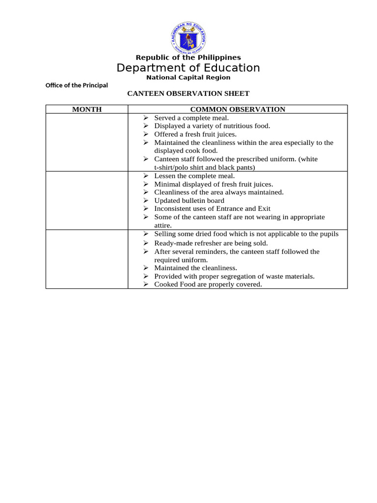 Canteen Observation Report Summary | PDF