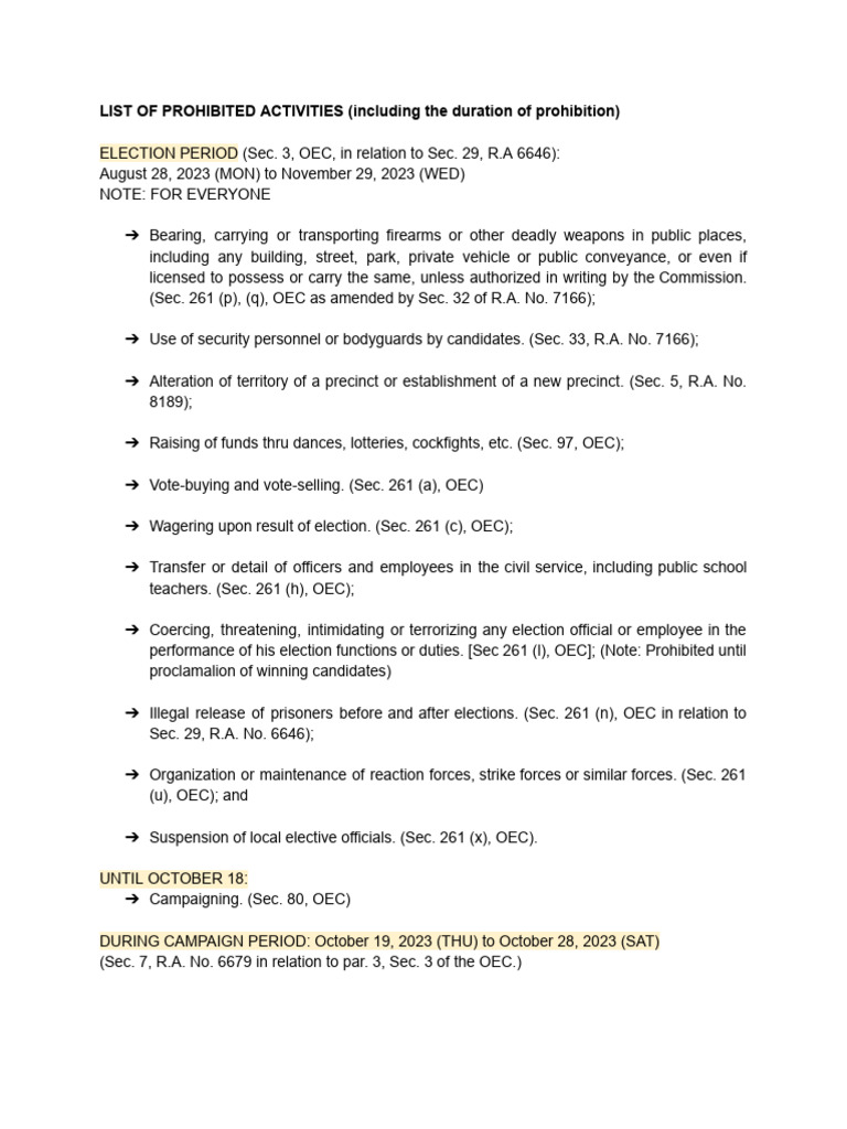 Prohibited Activities and Duration of Prohibition | PDF | Elections ...