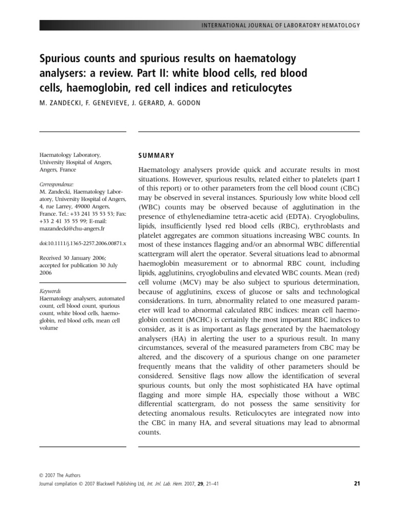 Int J Lab Hematology - 2007 - ZANDECKI - Spurious Counts and Spurious ...