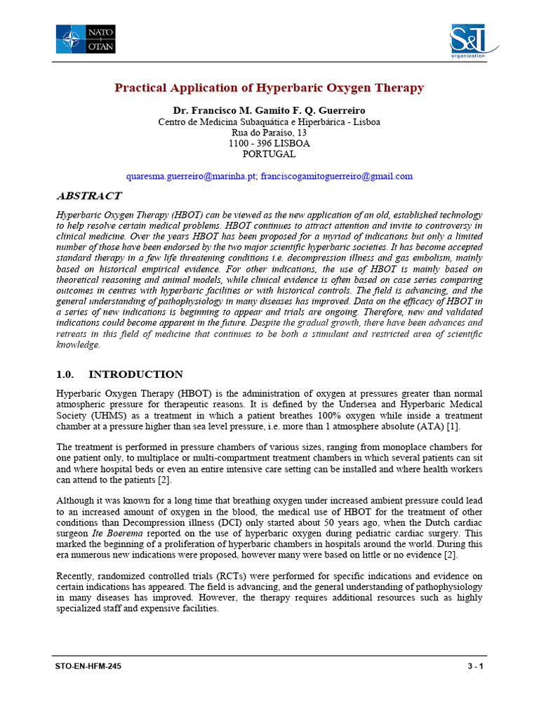 Practical Application of Hyperbaric Oxygen Therapy | PDF | Radiation Therapy | Medical Specialties