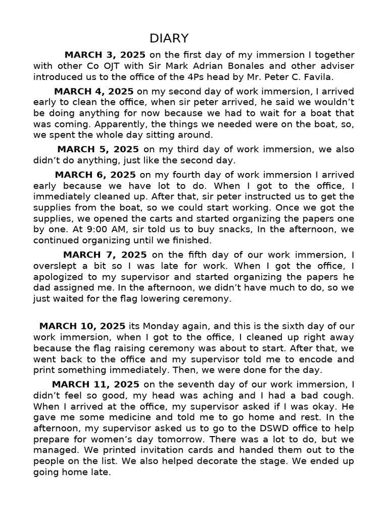 DIARY on Work Immersion_071349 | PDF