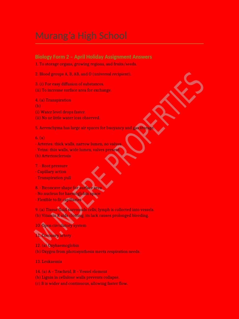 Biology Form2 Answers | PDF