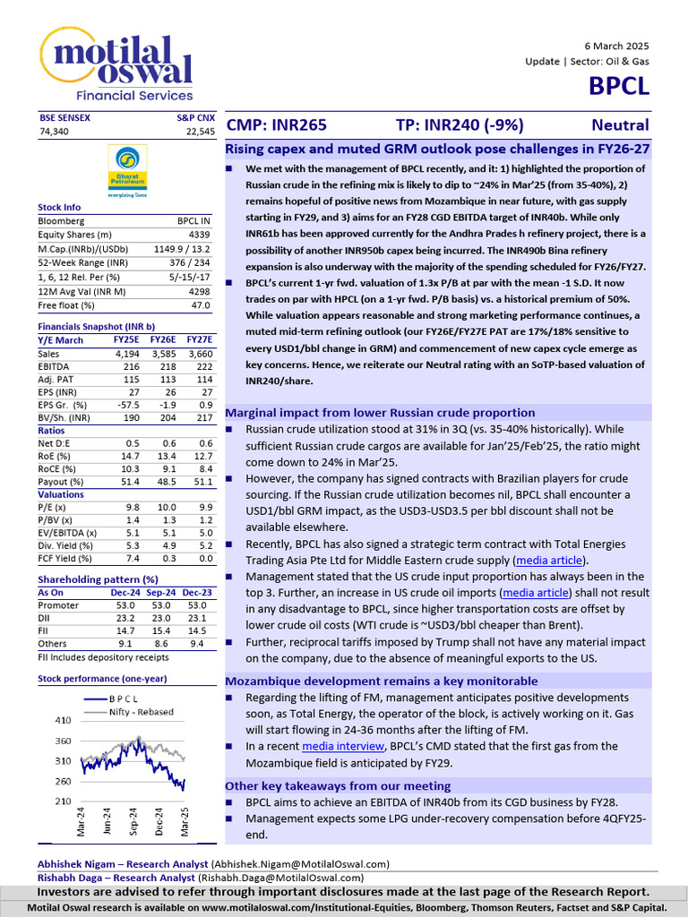 BPCL 20250306 Mosl Cu PG012 | PDF | Oil Refinery | Fossil Fuels
