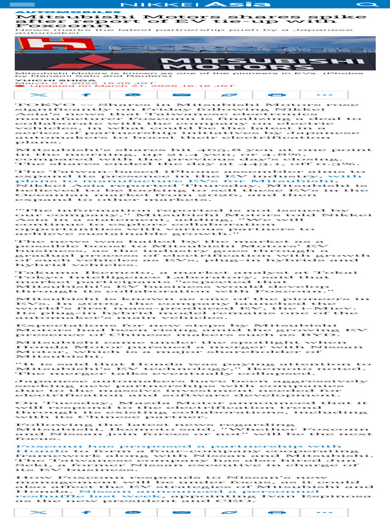 Mitsubishi Motors Shares Spike After Report of EV Tie-Up With Foxconn - Nikkei Asia | PDF ...