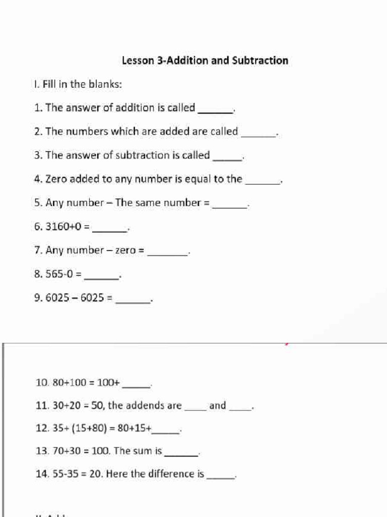 CL 3 Addition and Subtraction Worksheet | PDF