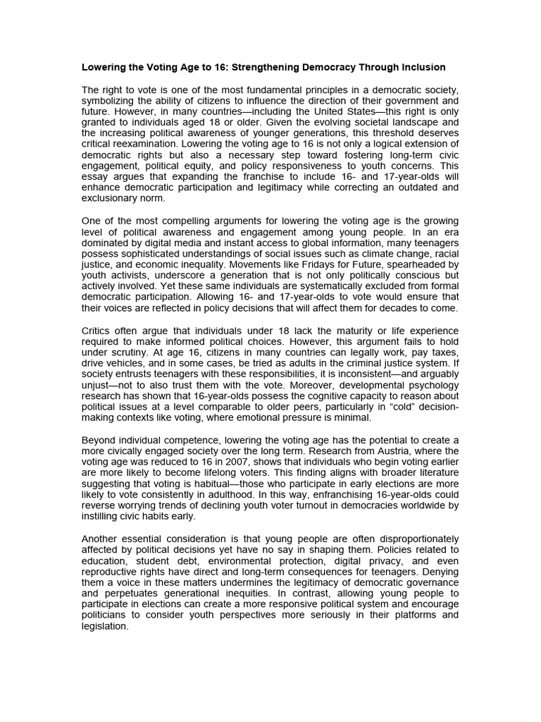Lowering The Voting Age To 16 | PDF | Democracy | Political Ideologies