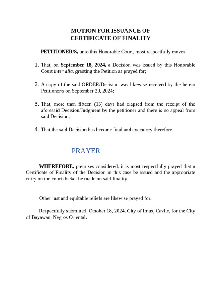 MOTION FOR ISSUANCE OF finality | PDF