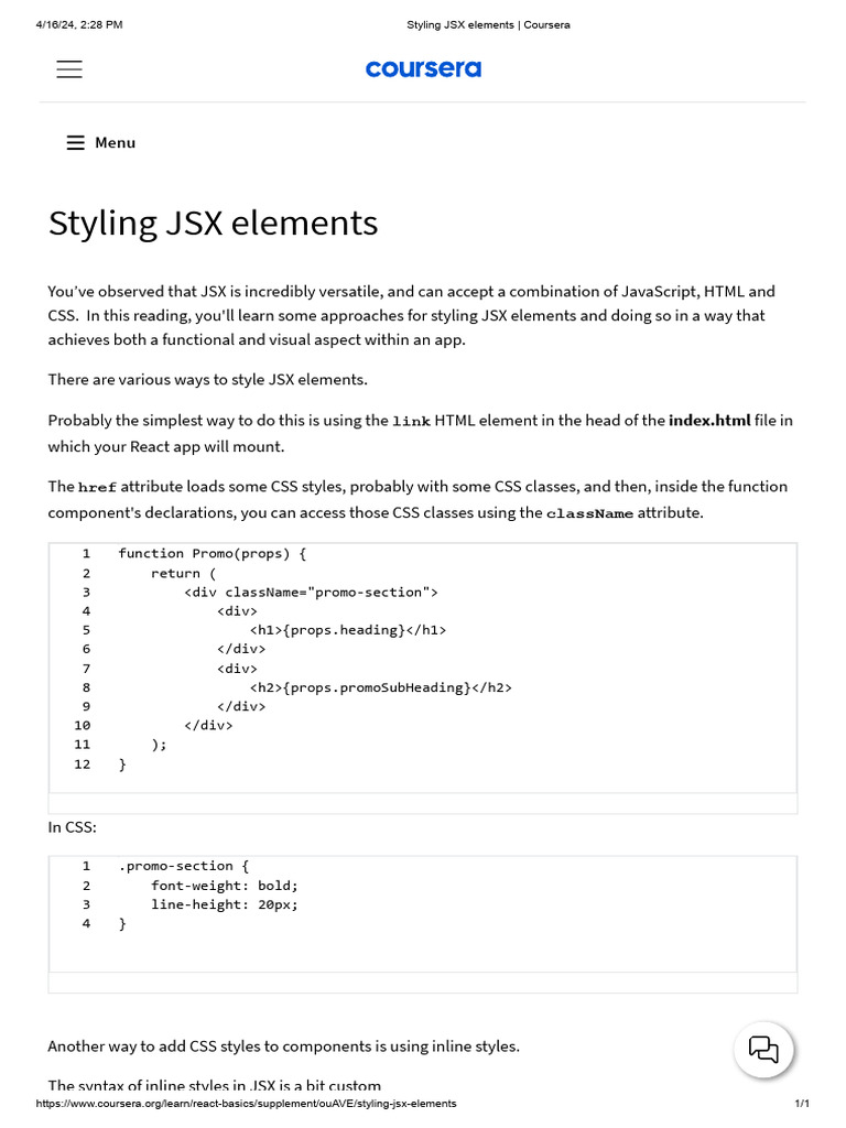 Styling JSX Elements - Coursera | PDF