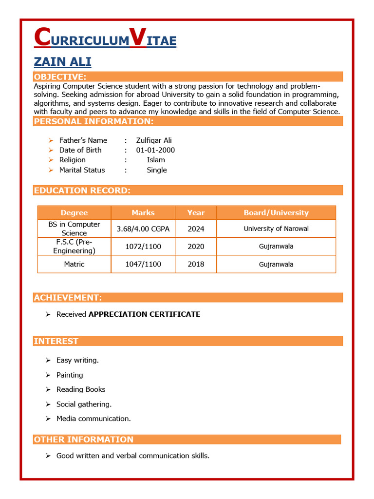 Zain Ali's Computer Science CV | PDF