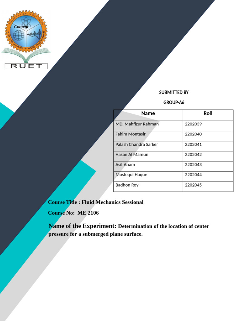 Center of Pressure in Fluid Mechanics Experiment | PDF | Pressure | Force