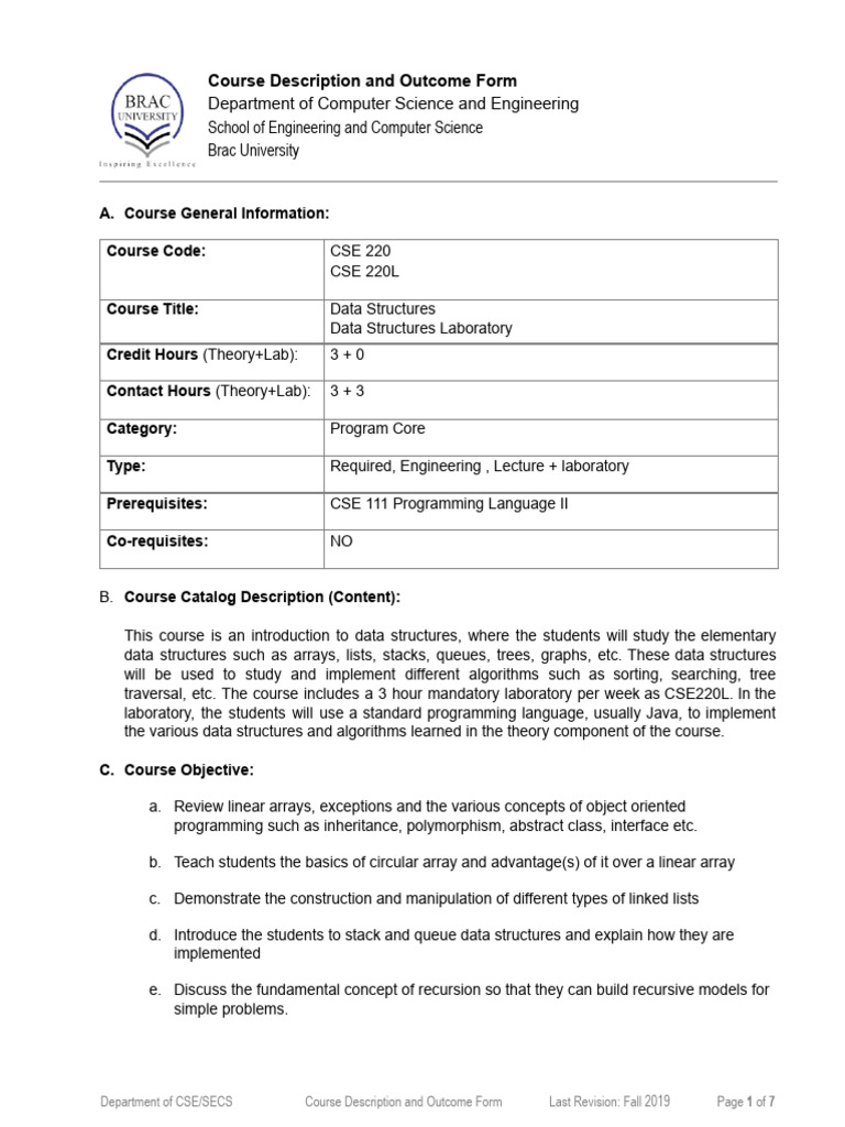 CSE 220 Data Structures Syllabus | PDF | Data Structure | Computer ...
