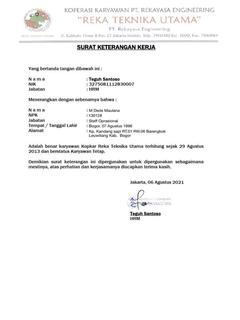 Surat Keterangan Status Kerja | PDF