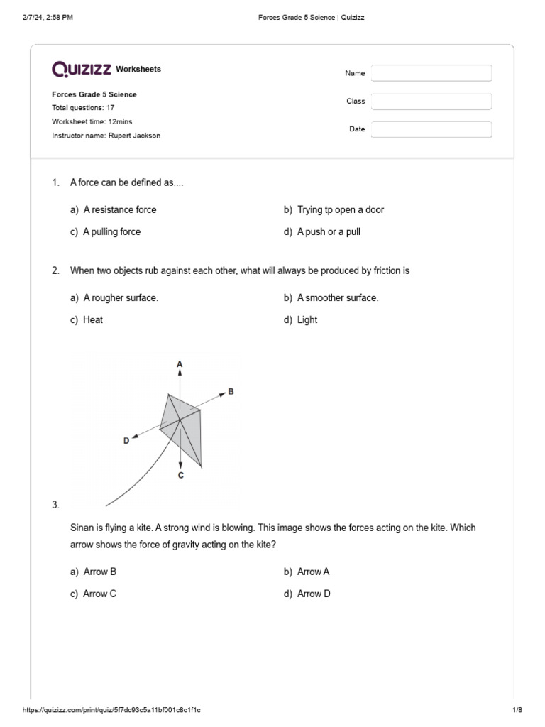 Forces Grade 5 Science - Quizizz | PDF | Weight | Force