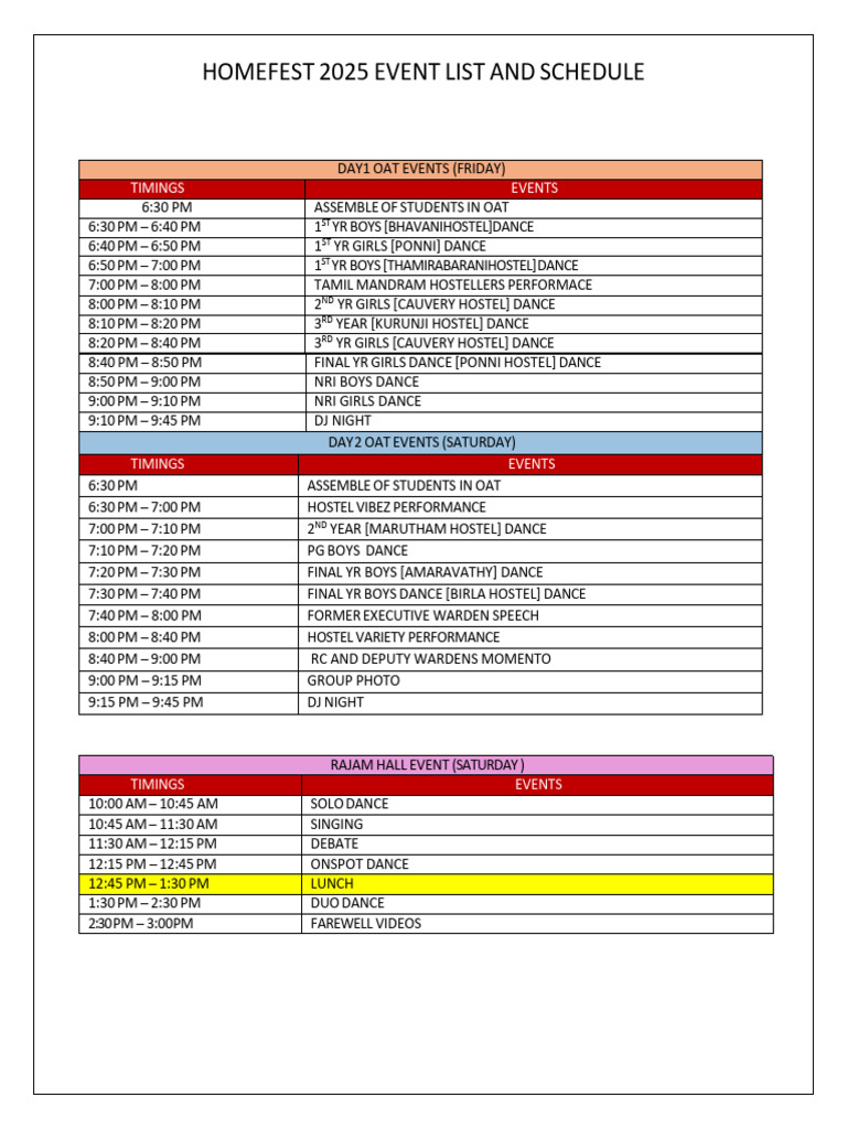 Homefest'25 Event List | PDF