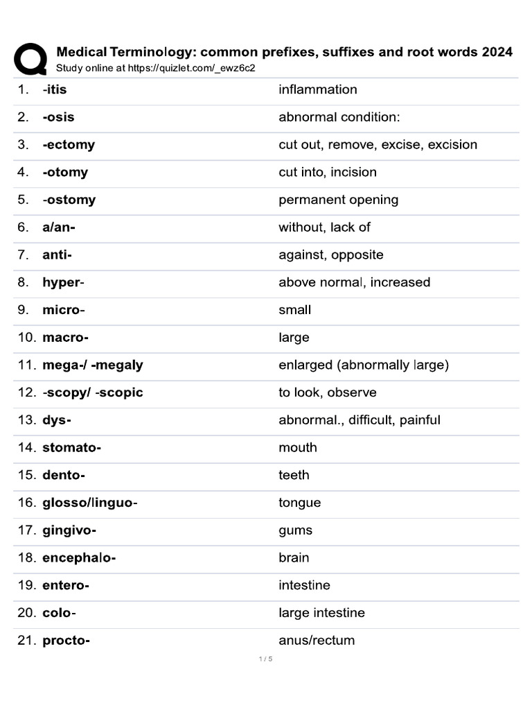 Medical Terminology glossary quizlet 2024 | PDF