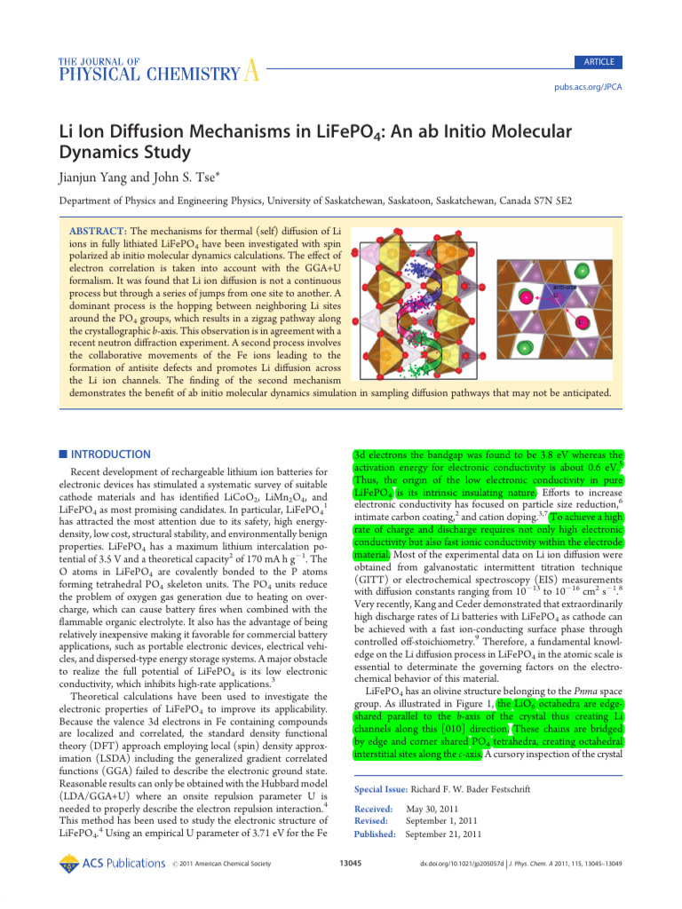 Li Ion Diffusion Mechanisms in LiFePO4 An Ab Initio Molecular | PDF ...