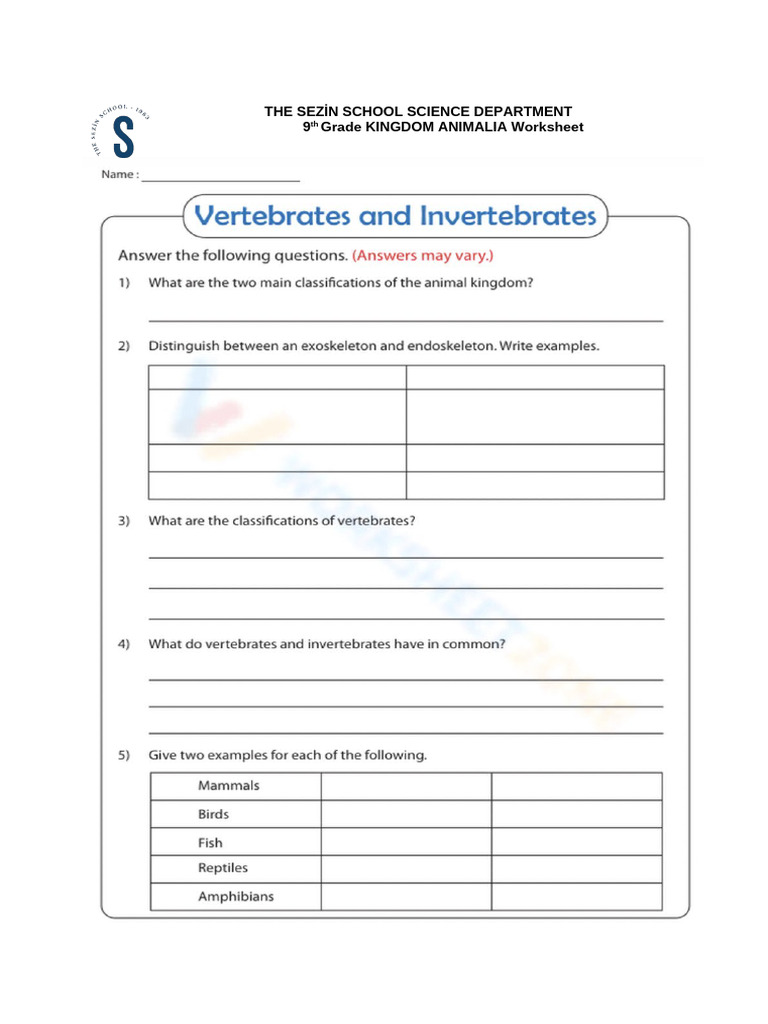 The Sezin School Science Department 9 Grade KINGDOM ANIMALIA Worksheet ...