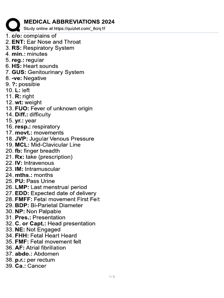 Medical Abbreviations Glossary Quizlet 2024 | PDF