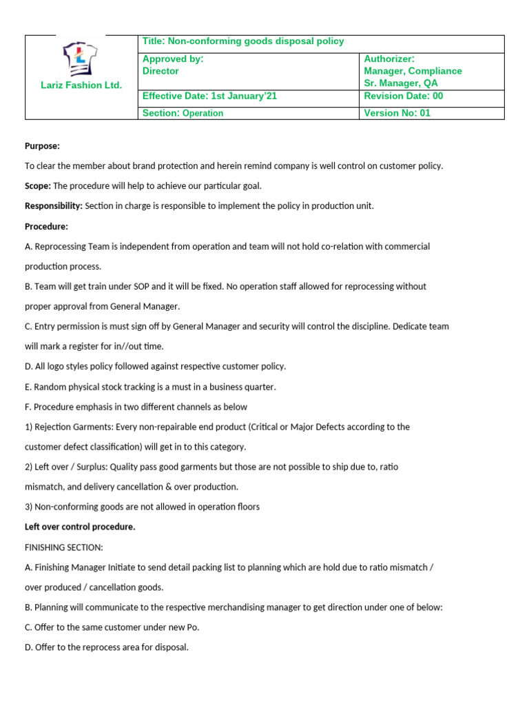 Non-Conforming Goods Disposal Policy | PDF