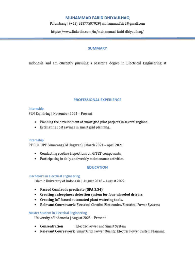 Muhammad Farid DHiyaulhaq_CV | PDF | Electrical Engineering | Smart Grid
