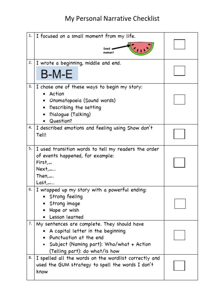 Personal Narrative Checklist | PDF