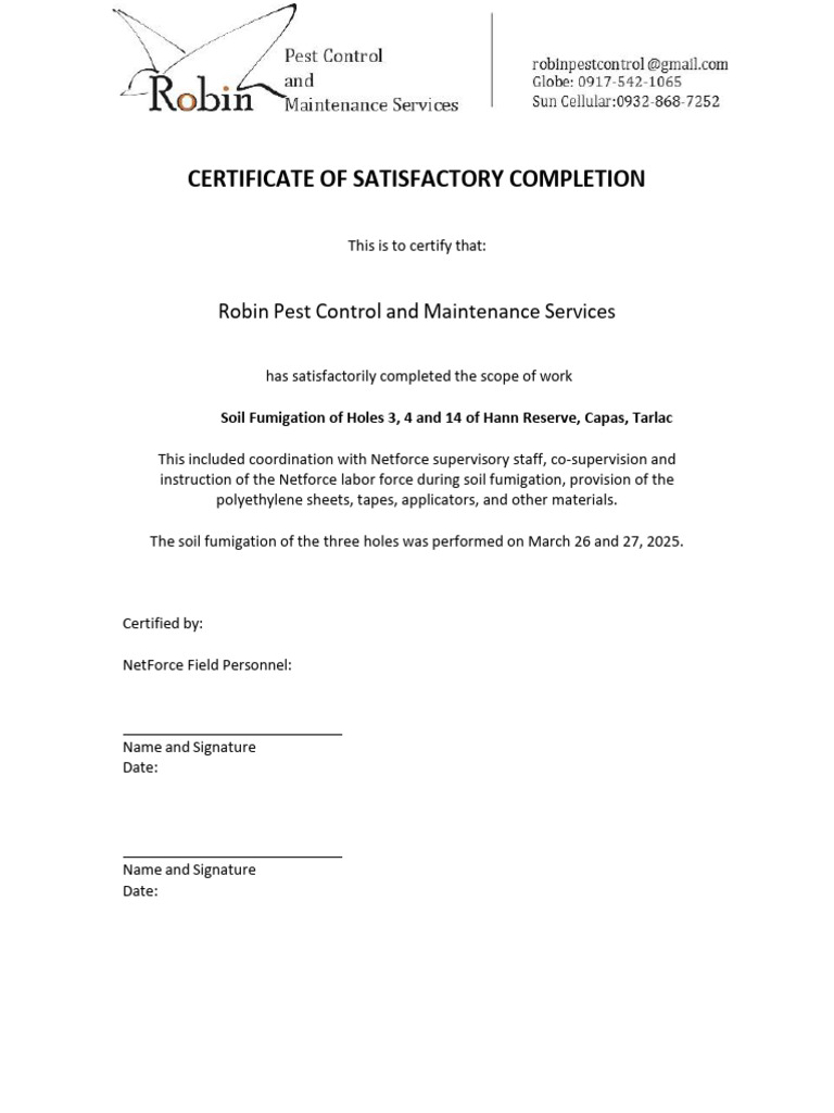NetForce (Hann Reserve) - Certificate of Satisfactory Completion Holes ...