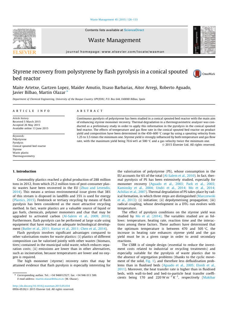 Styrene Recovery From Polystyrene by Flash Pyrolysis in A C - 2015 ...