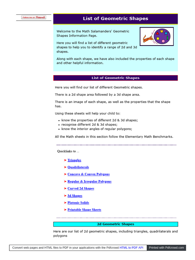 WWW Math Salamanders Com List of Geometric Shapes HTML | PDF | Triangle | Rectangle