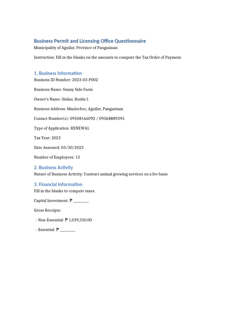 Business Permit Questionnaire | PDF