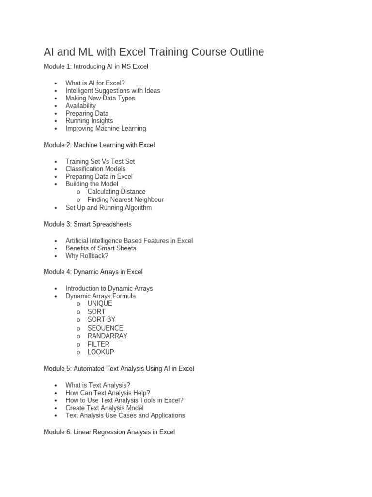 AI and ML With Excel Training Course Outline | PDF