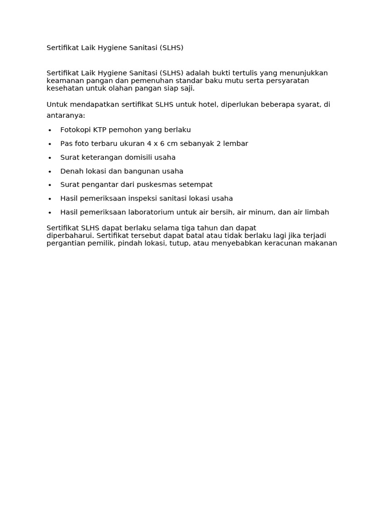 Persyaratan Sertifikat SLHS Pangan | PDF