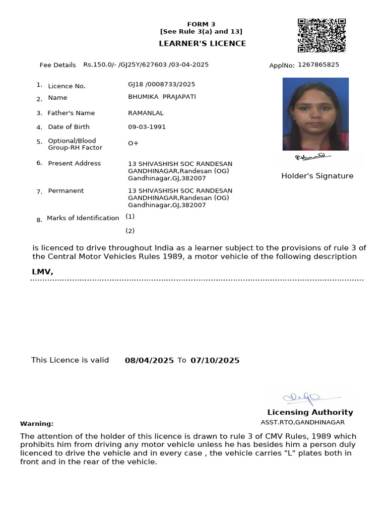 Learner'S Licence: Form 3 (See Rule 3 (A) and 13) | PDF