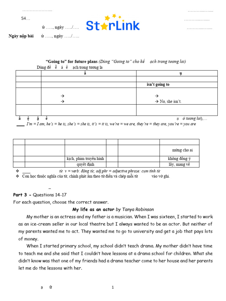 KEY - Viet Teacher - S4 - W29 - U9 - Grammar 1 & KET Reading | PDF | Linguistics | Syntax