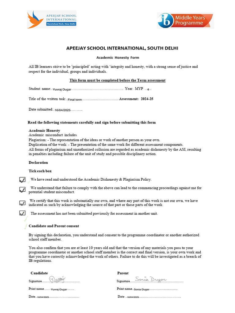 Academic Honesty Form 2024-2025 | PDF | Academic Dishonesty | Plagiarism
