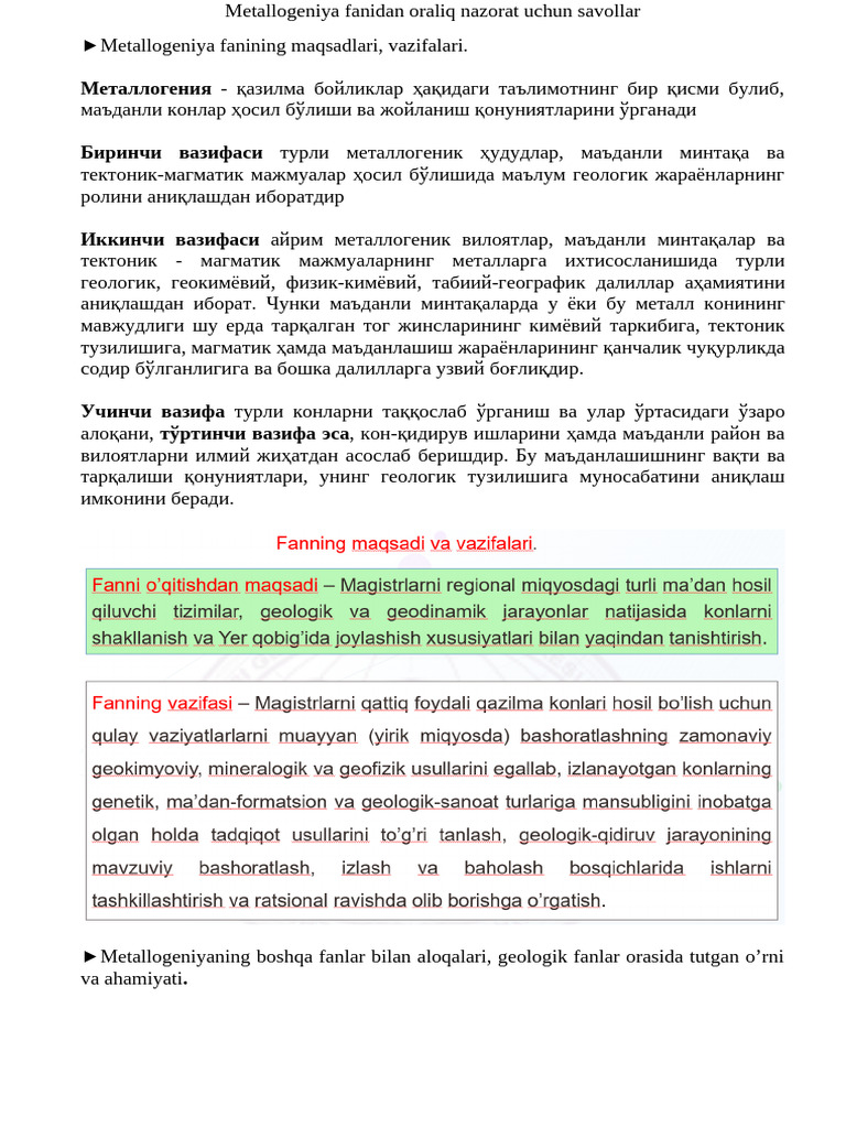 Metallogeniya ON Savollar | PDF