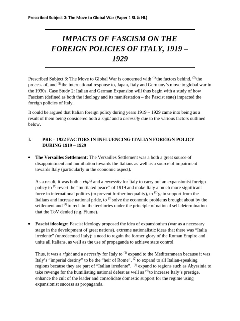 Impacts of Fascism On The Foreign Policies of Italy 1919-1929 | PDF ...