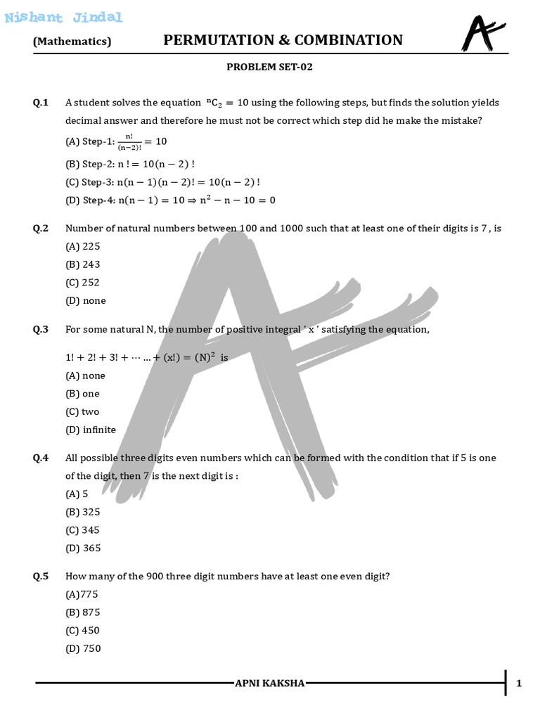 DPP 02 - Problem Set 02 - Permutation & Combination NJ 247 | PDF | Numbers | Mathematical Objects