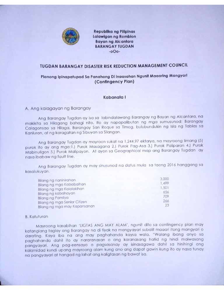 BRGY. TUGDAN CONTINGENCY PLAN | PDF